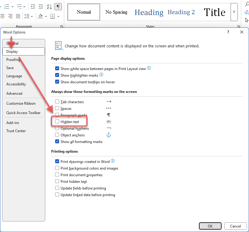 Hidden Text Appears in Manually Defined Table of Contents in Word