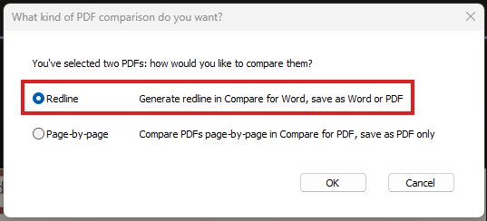 PDF comparison shows changes in pink, not 'classic' redline formatting