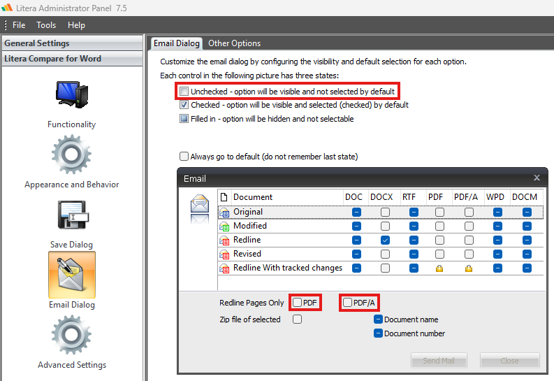 Enabling 'Redline Pages' option when emailing from Litera Compare