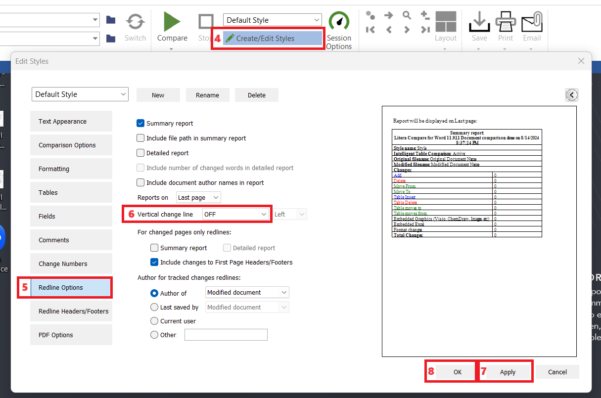 Enabling & Configuring 'Vertical change lines' in Litera Compare