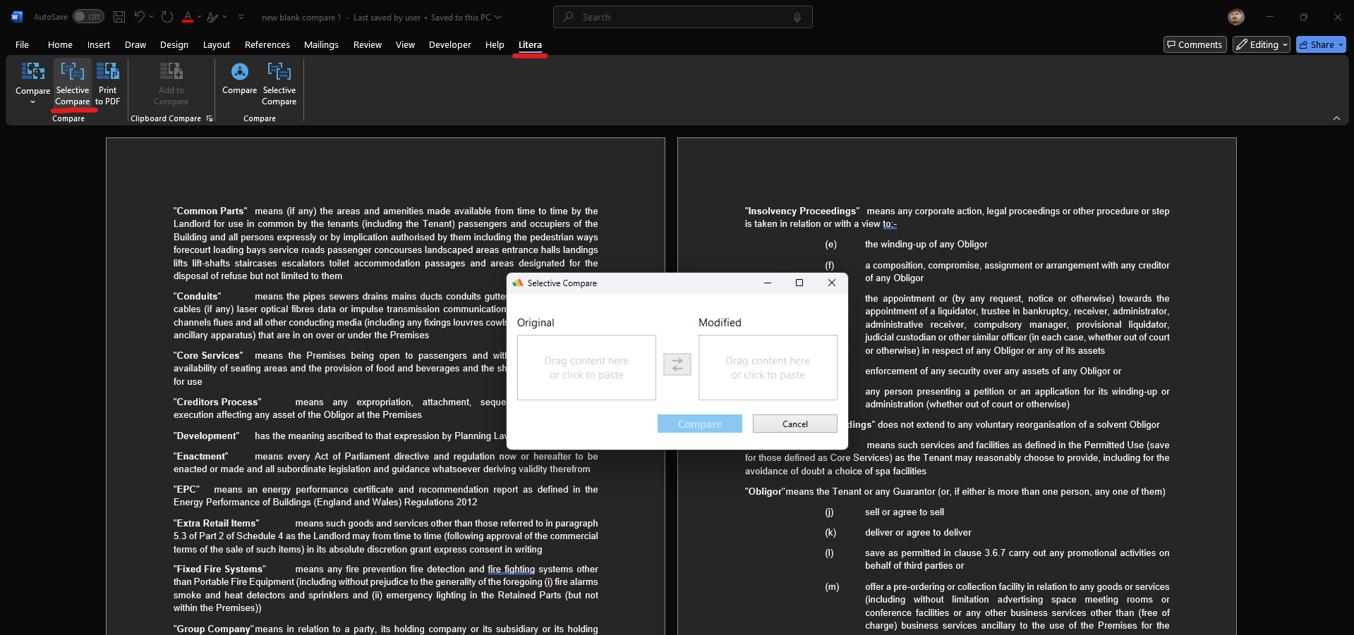 Comparing sections of text using the Litera Compare Selective Compare feature