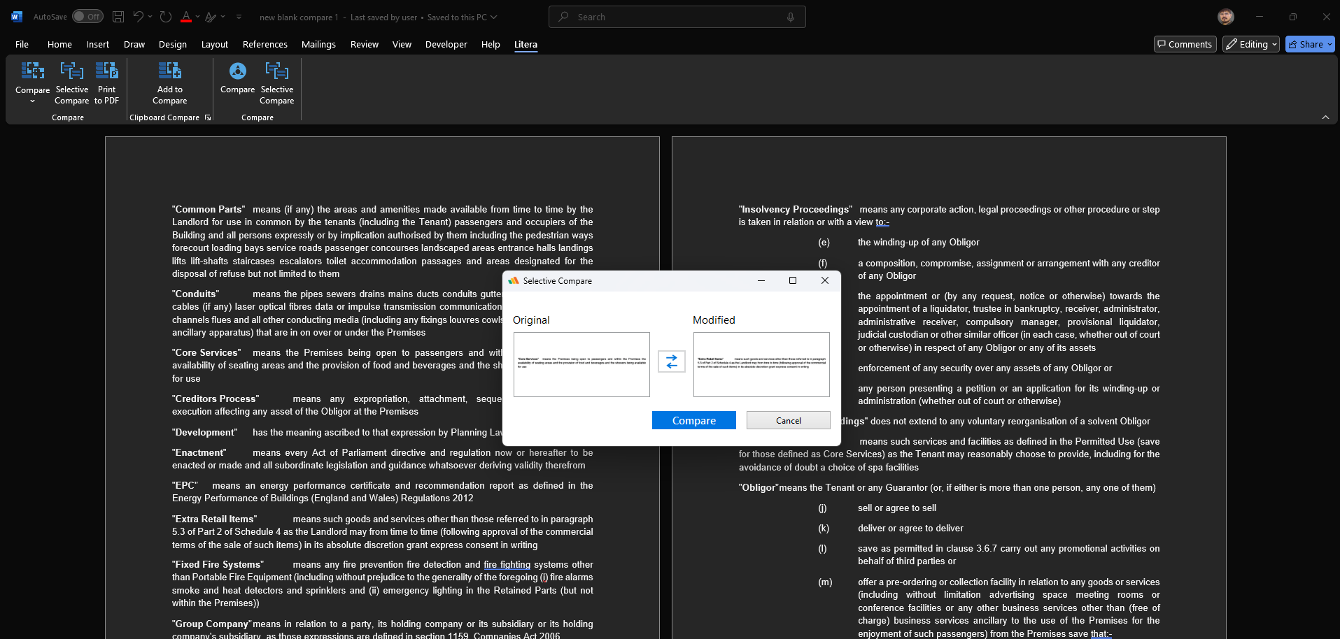 Comparing sections of text using the Litera Compare Selective Compare feature