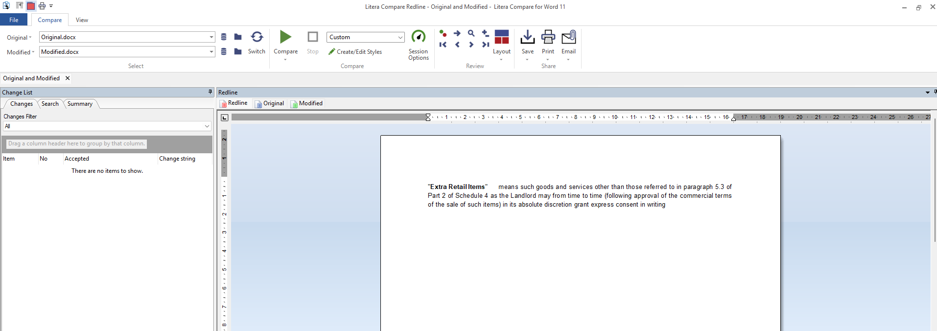 Comparing sections of text using the Litera Compare Selective Compare ...