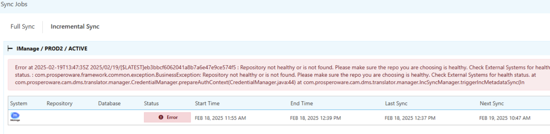 Restoring Incremental Sync After an 'Unhealthy Repository' Error