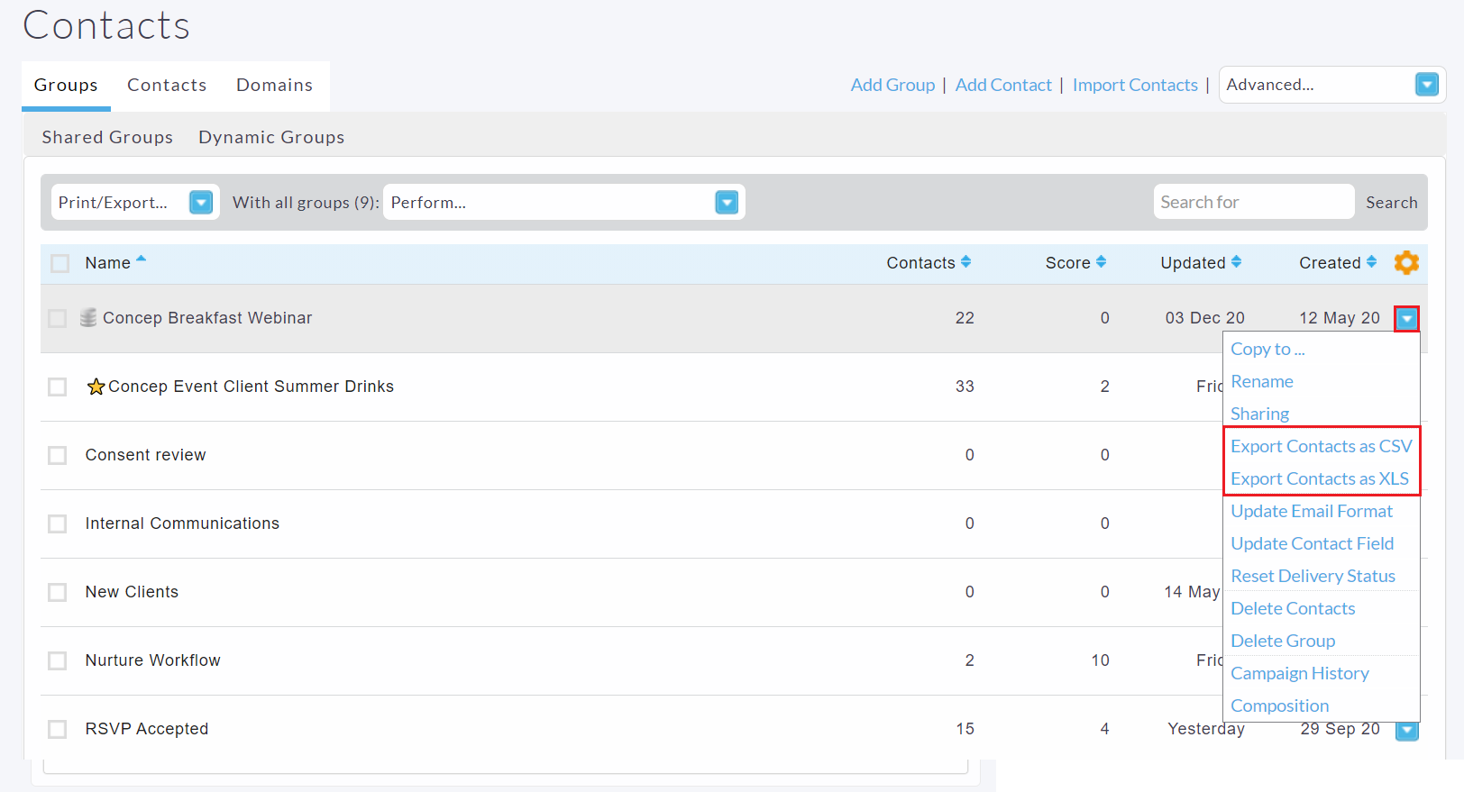Exporting Contact Groups in Concep