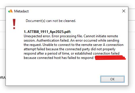 "Unexpected error. Error processing file. Cannot initiate remote session." when using Clean ...