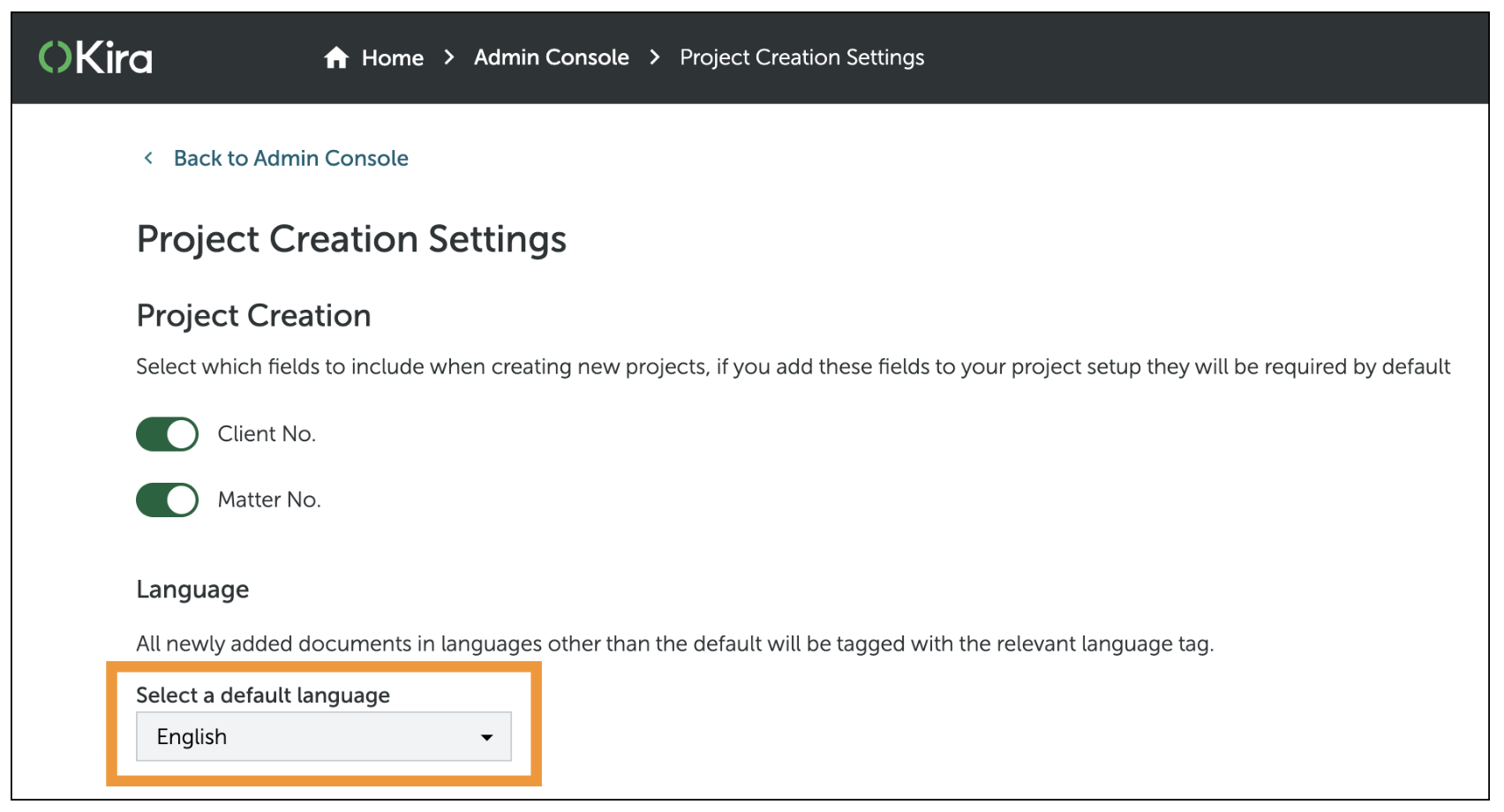 How do I set a default language for documents in Kira?