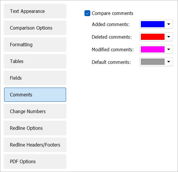 Comparison style settings in Litera Compare for Word