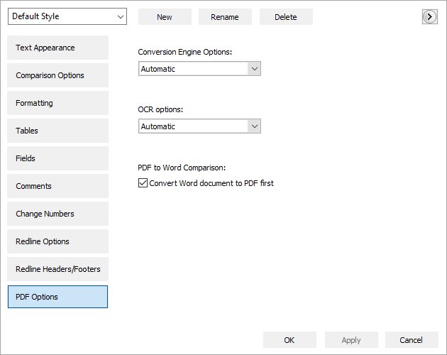 Comparison style settings in Litera Compare for Word