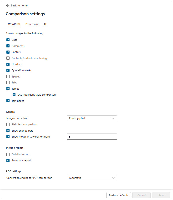 Comparison Settings in Litera One