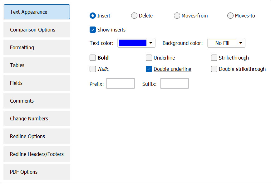 Comparison style settings in Litera Compare for Word