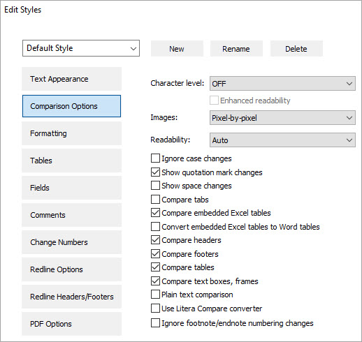 Comparison style settings in Litera Compare for Word