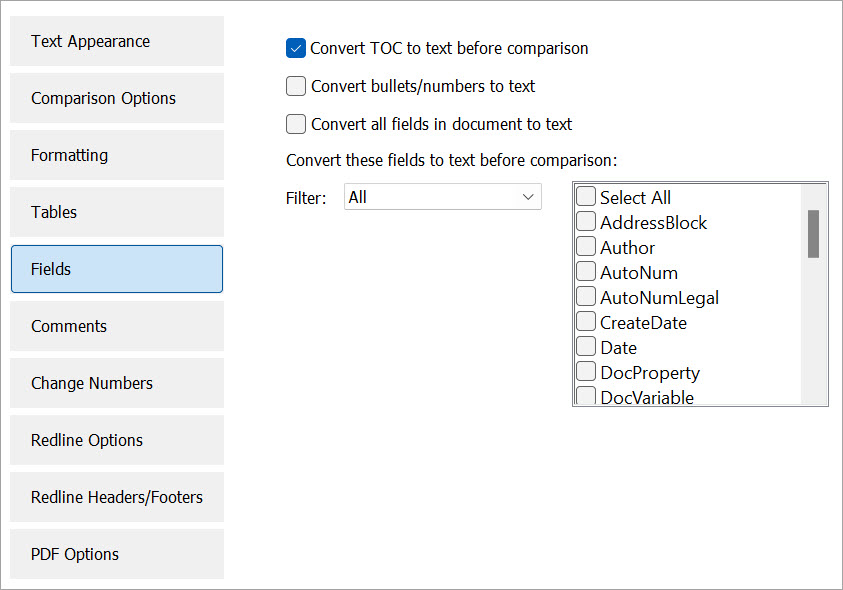 Comparison style settings in Litera Compare for Word