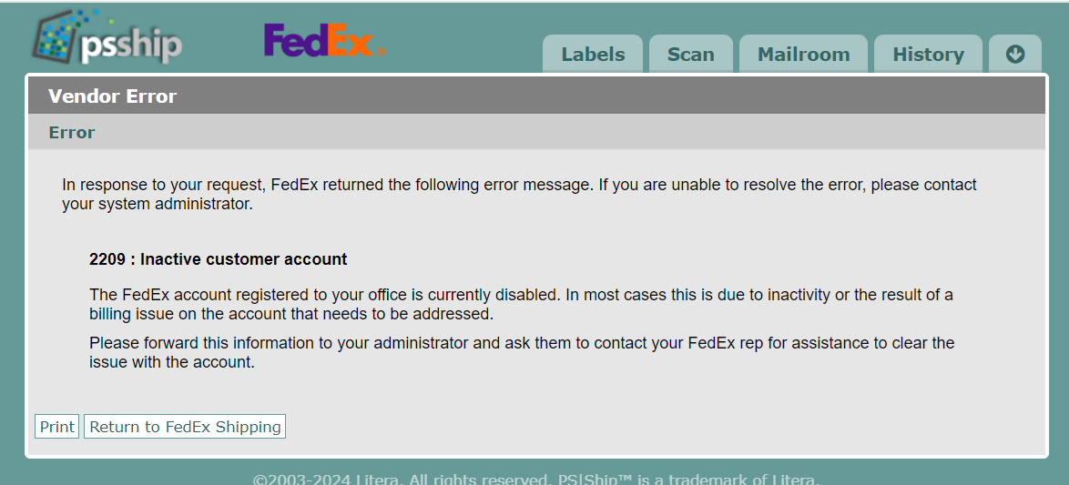 FedEx 2209 error: Inactive Customer Account