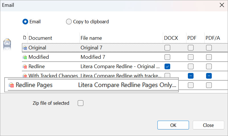 Enabling 'Redline Pages' option when emailing from Litera Compare desktop