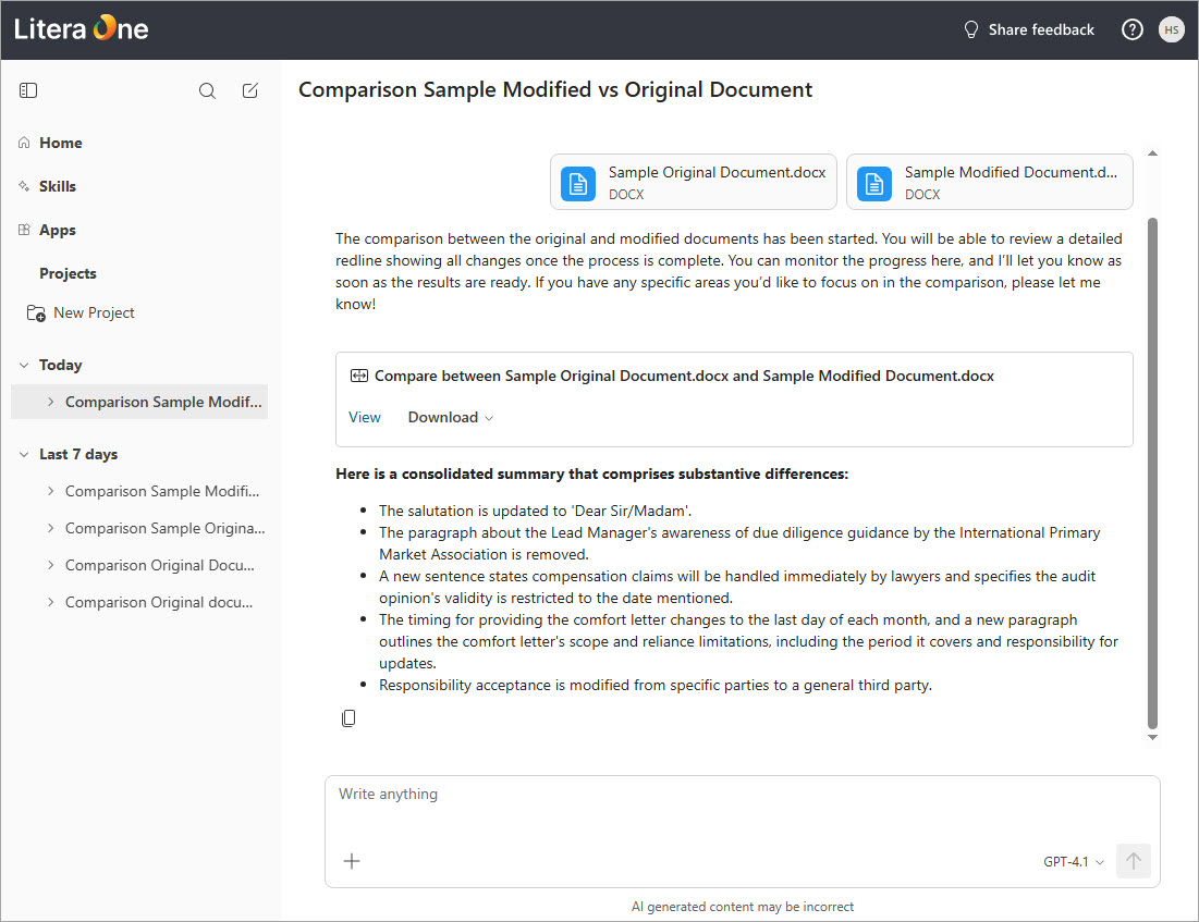 Comparison summaries in Litera Compare for Word
